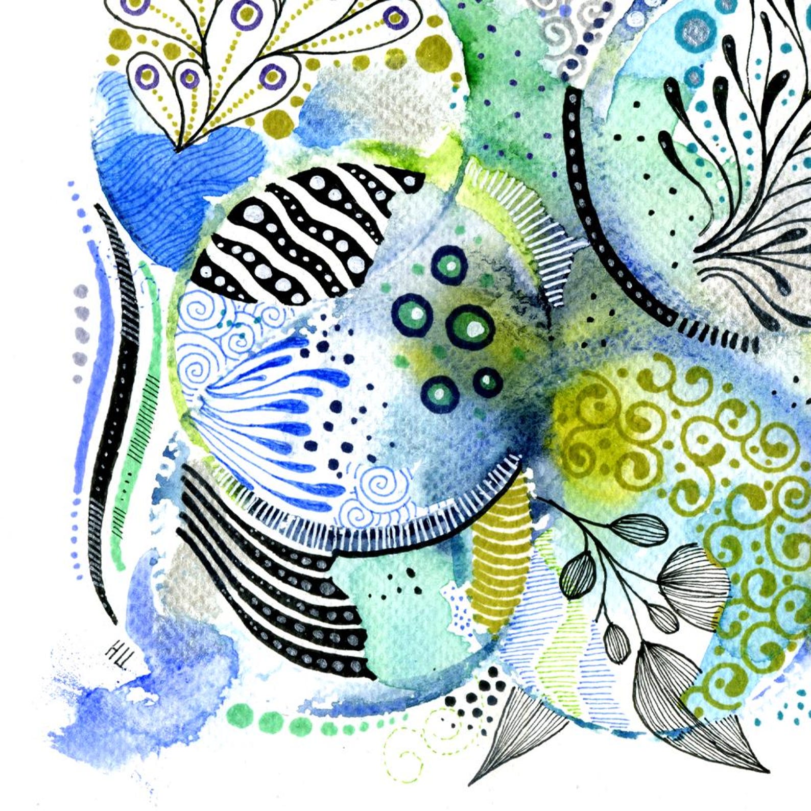 Original Watercolor Zentangle Art Set - Blue Green Black - 4 Piece - Etsy