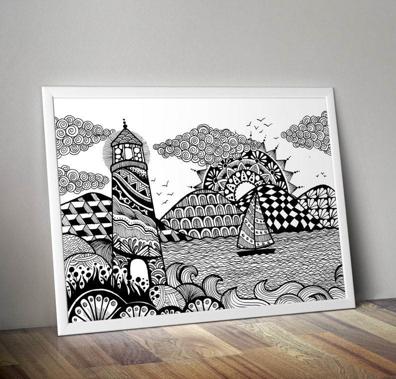 Zentangle Landscape Poster: Geometric Ink Drawing (digital Download) - Etsy