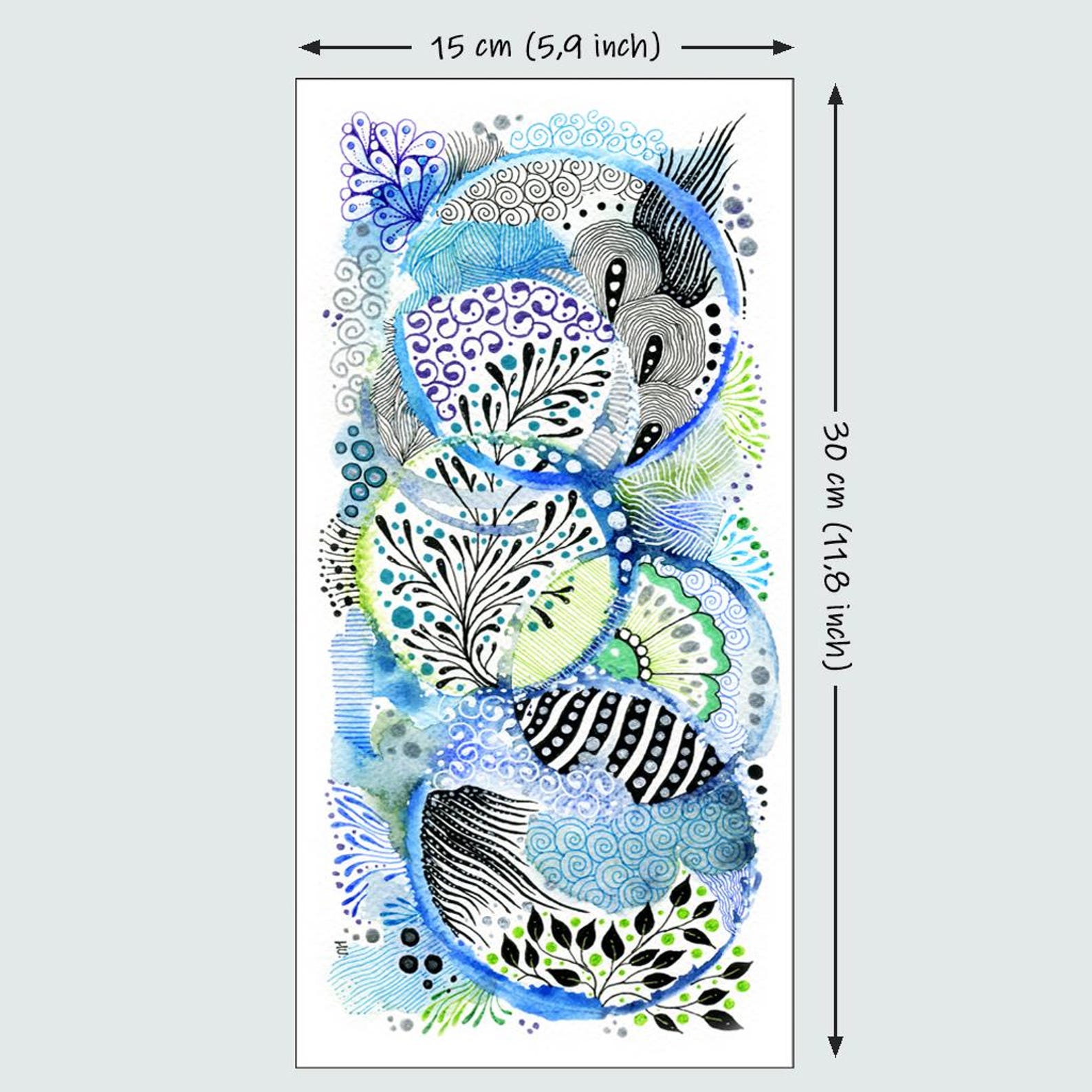 Original Watercolor Zentangle Art Set - Blue Green Black - 4 Piece - Etsy