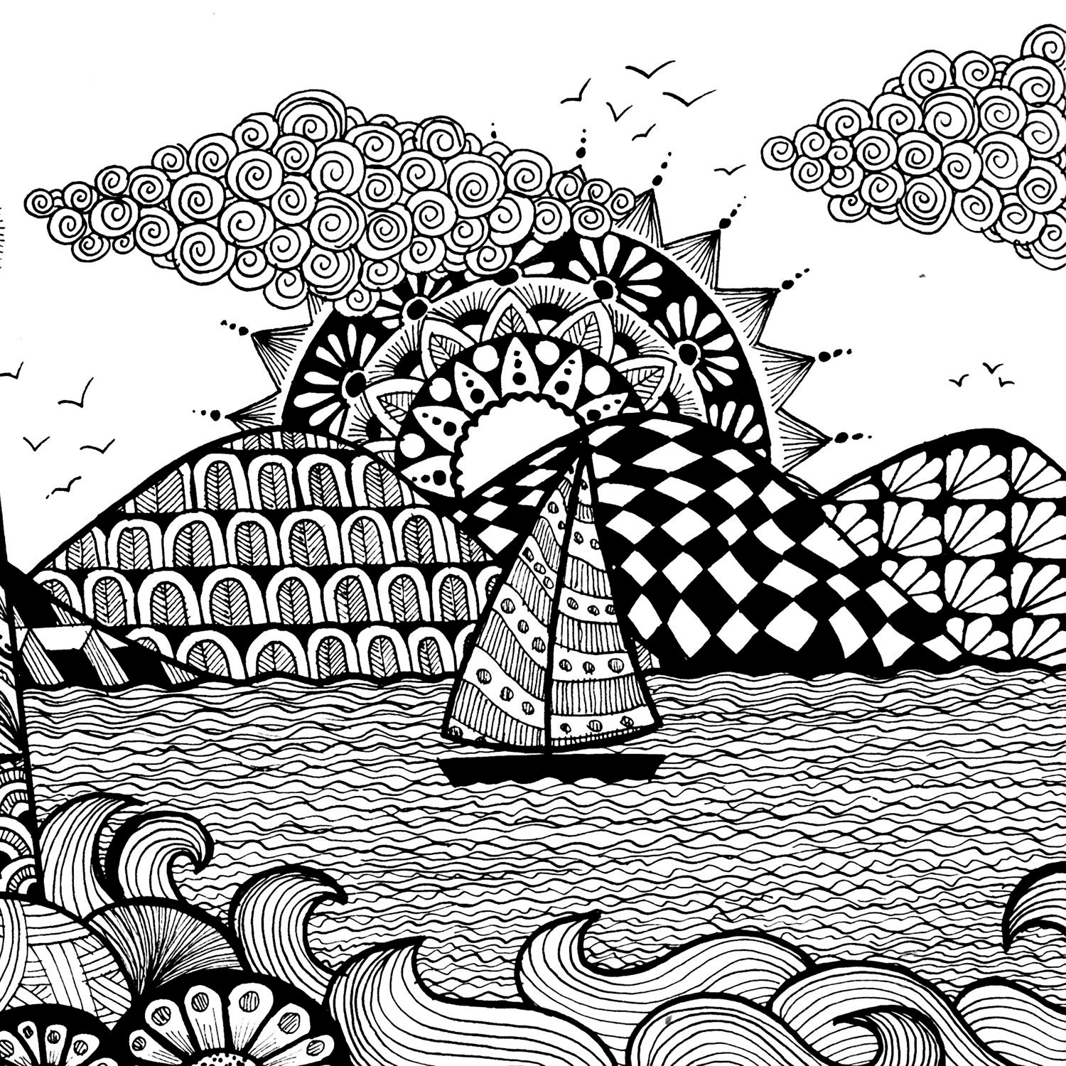 Zentangle Style Hand Drawn Landscape Poster - Home Decor and Wall Art ...