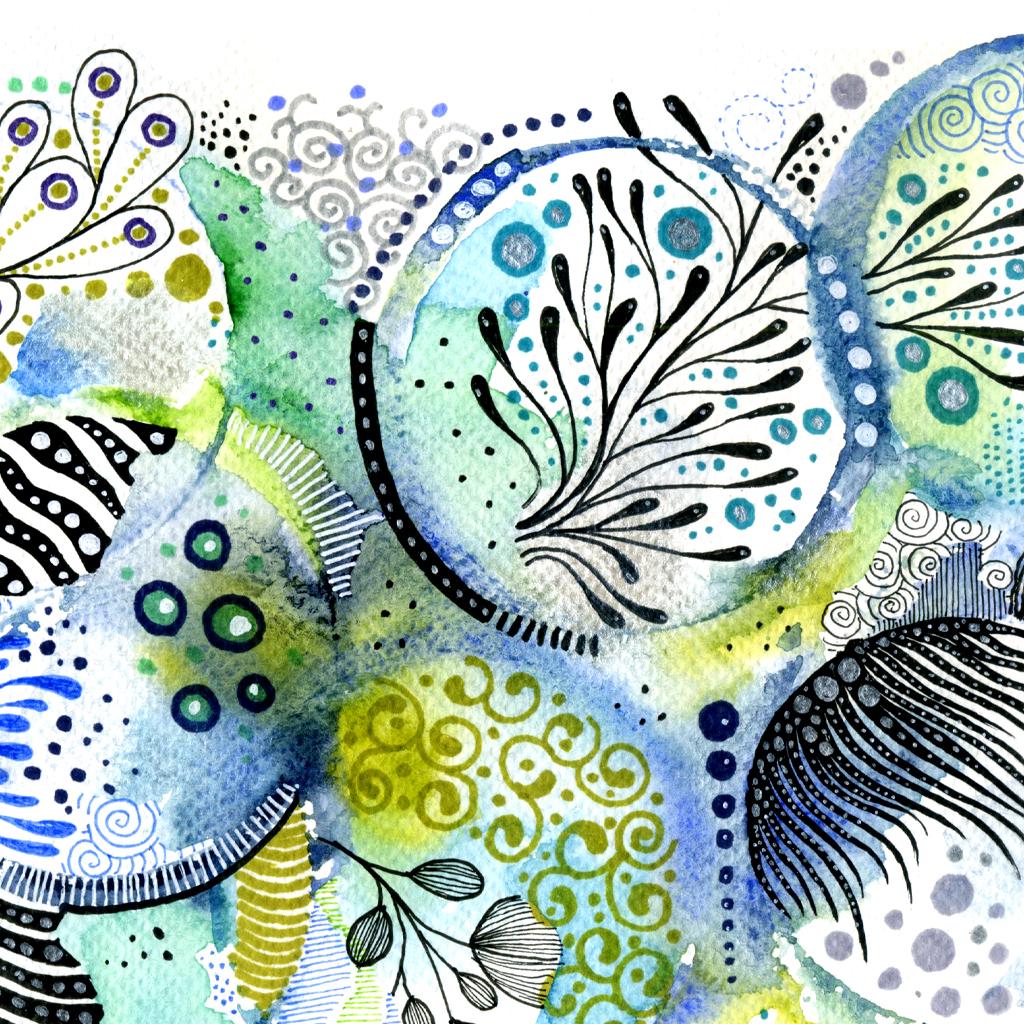 Original Watercolor Zentangle Art Set - Blue Green Black - 4 Piece - Etsy