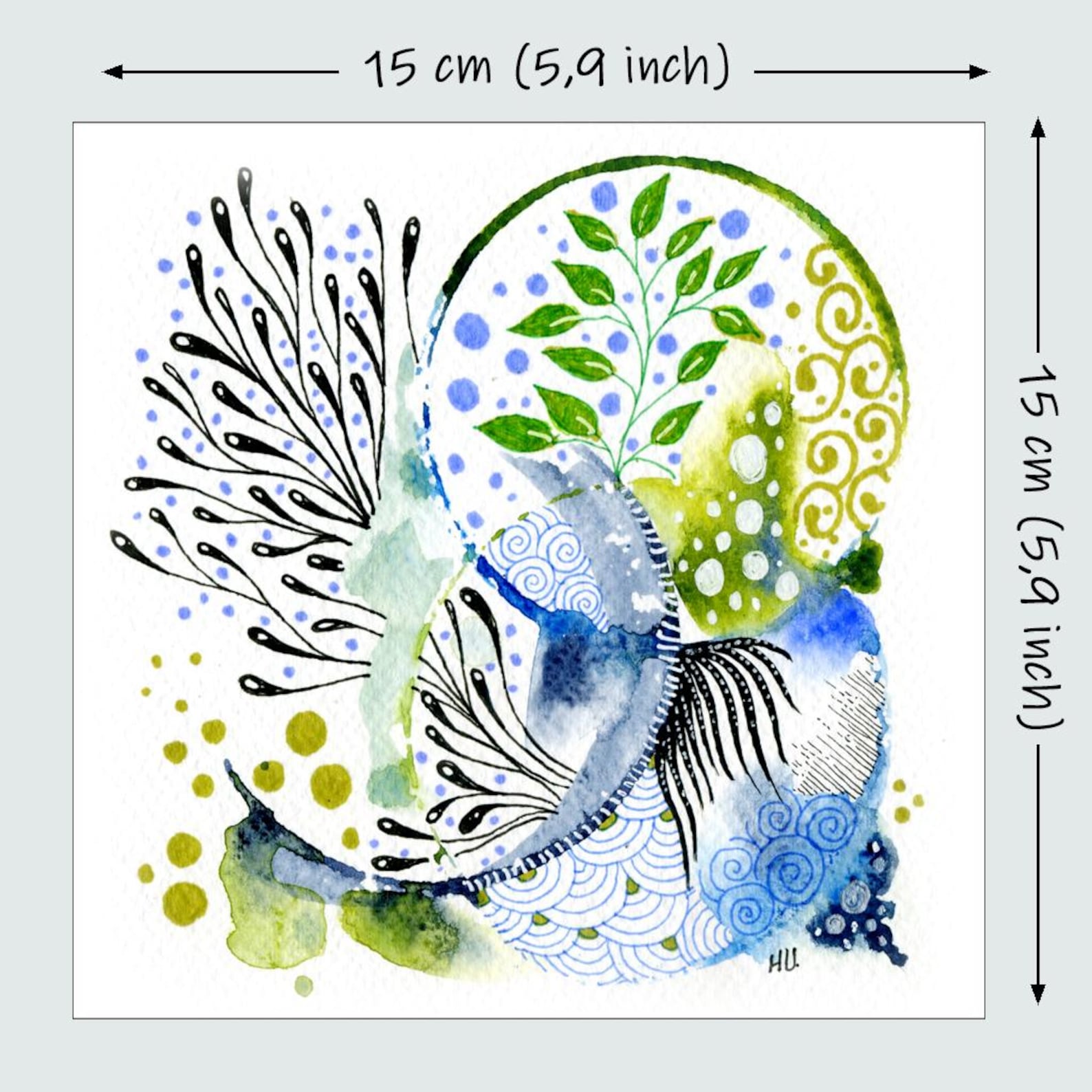 Original Watercolor Zentangle Art Set - Blue Green Black - 4 Piece - Etsy
