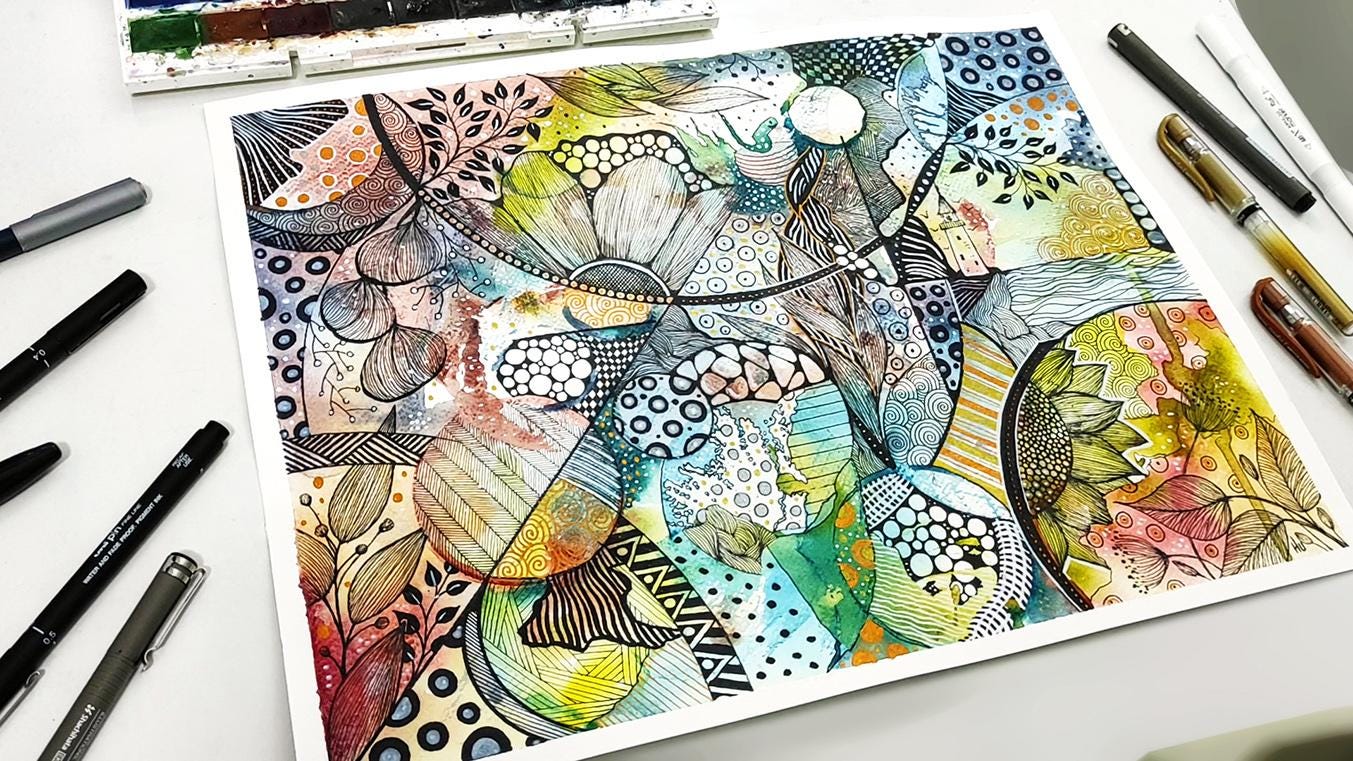 Handmade Original Watercolor Zentangle Art 30 X 40 Cm (15,74 X 11,81 ...