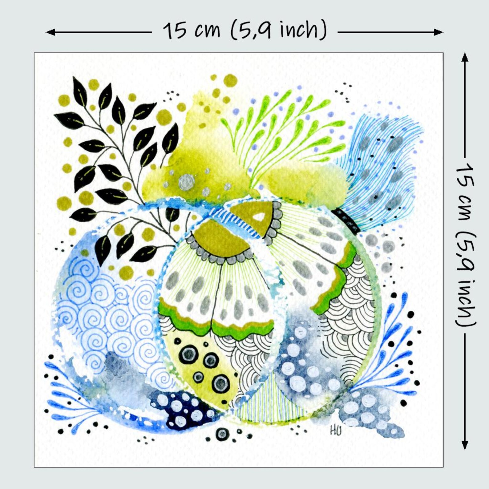 Original Watercolor Zentangle Art Set - Blue Green Black - 4 Piece - Etsy