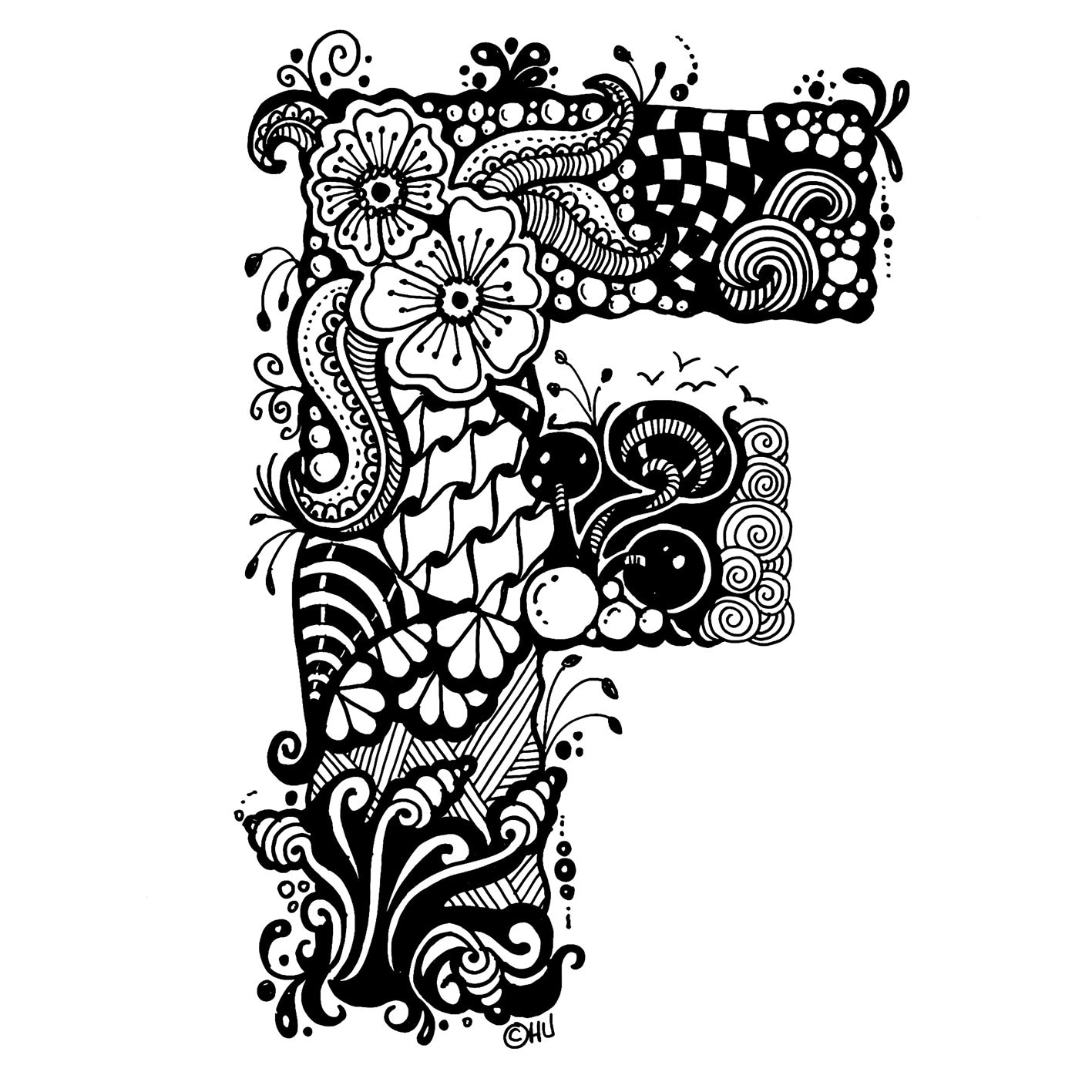 Zentangle Letters, Letter F Zentangle, Zentangle Alphabet, Digital F ...