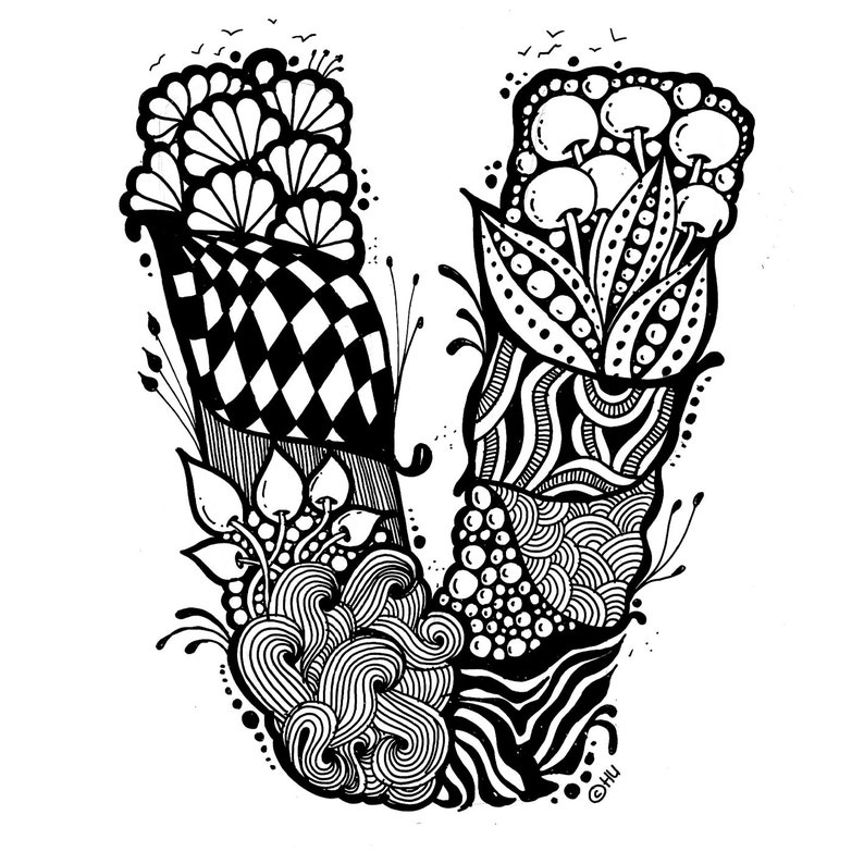 Zentangle Letter V, Zentangle Letters, Alphabet Letter V, Digital ...
