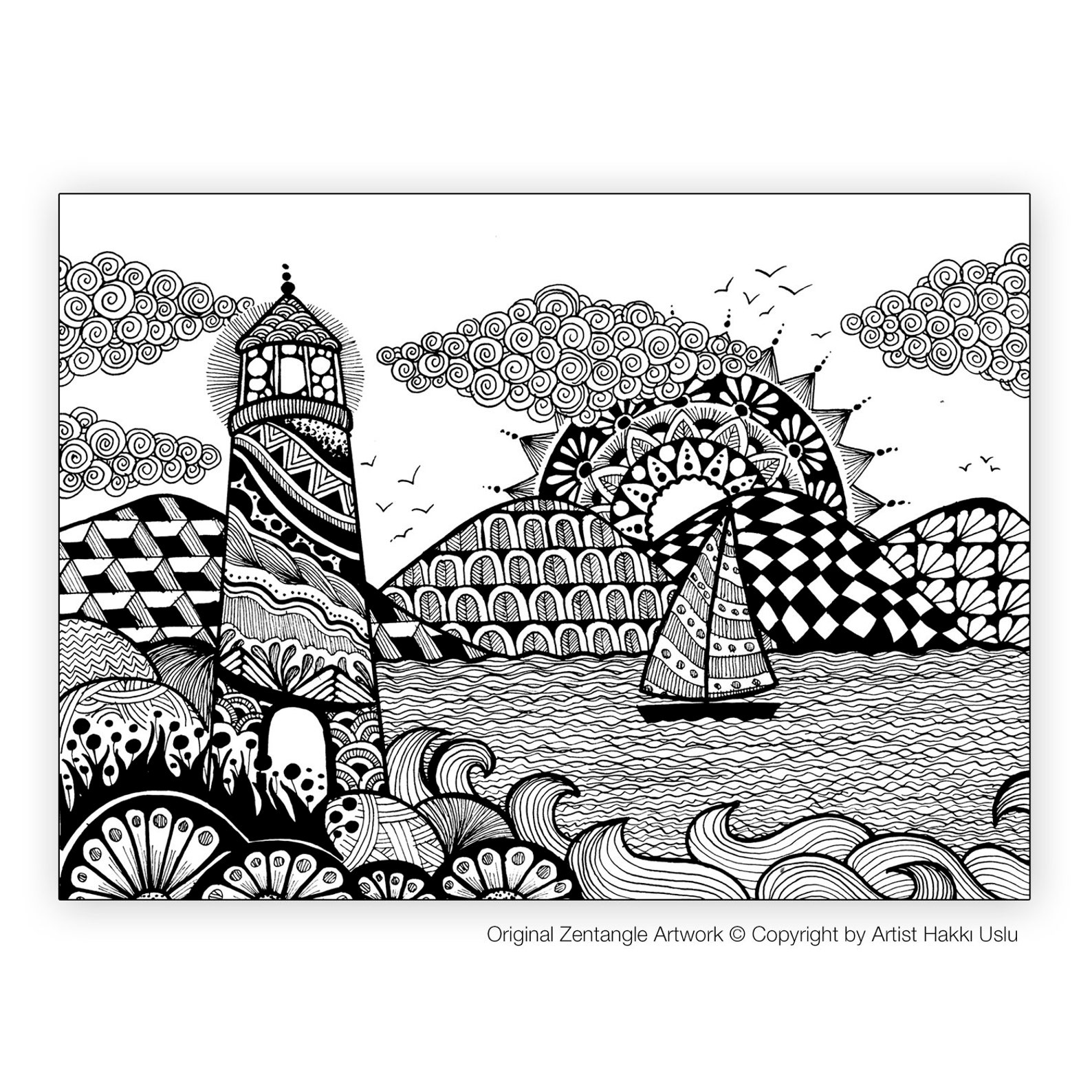 Zentangle Style Hand Drawn Landscape Poster - Home Decor and Wall Art ...