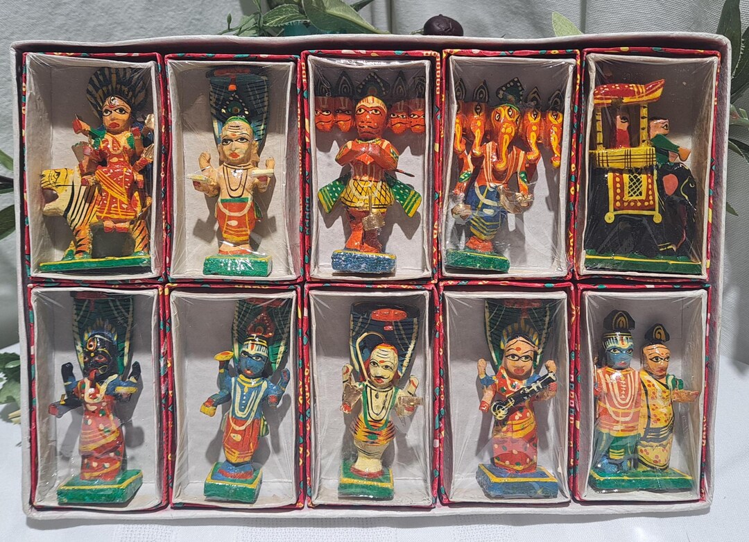 Vintage Set of 10 Miniature Hand-painted Hindu Deities Wooden Figurines ...