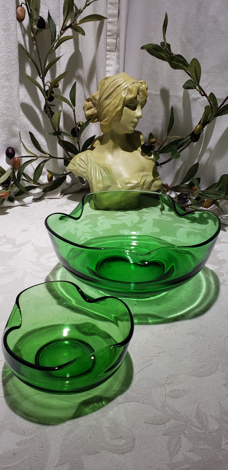 Vintage Anchor Hocking Green Pinch Glass Bowl Set Mid Century | Etsy