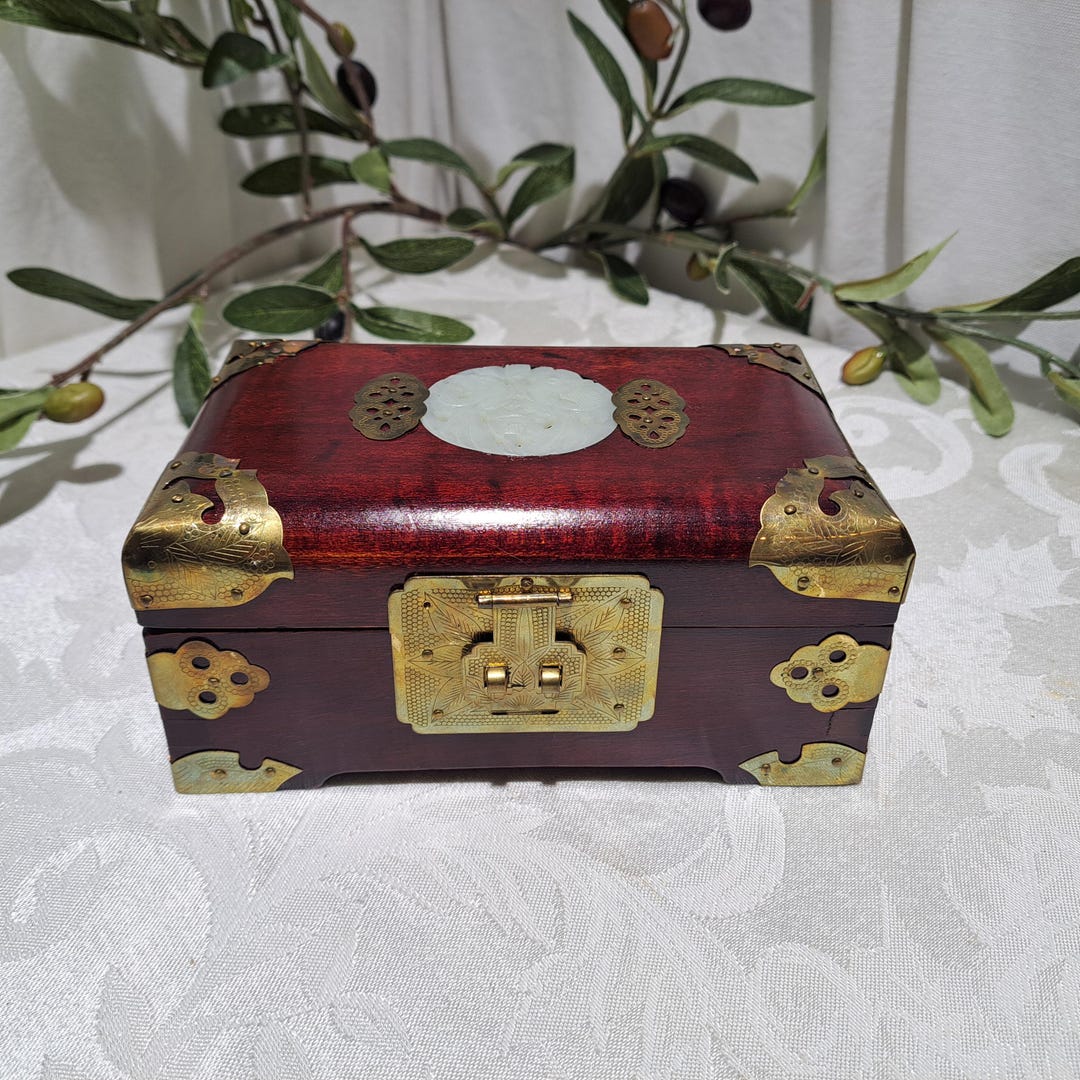 Vintage Chinese Rosewood Brass and Jade Inlay Design Jewelry Box Made ...