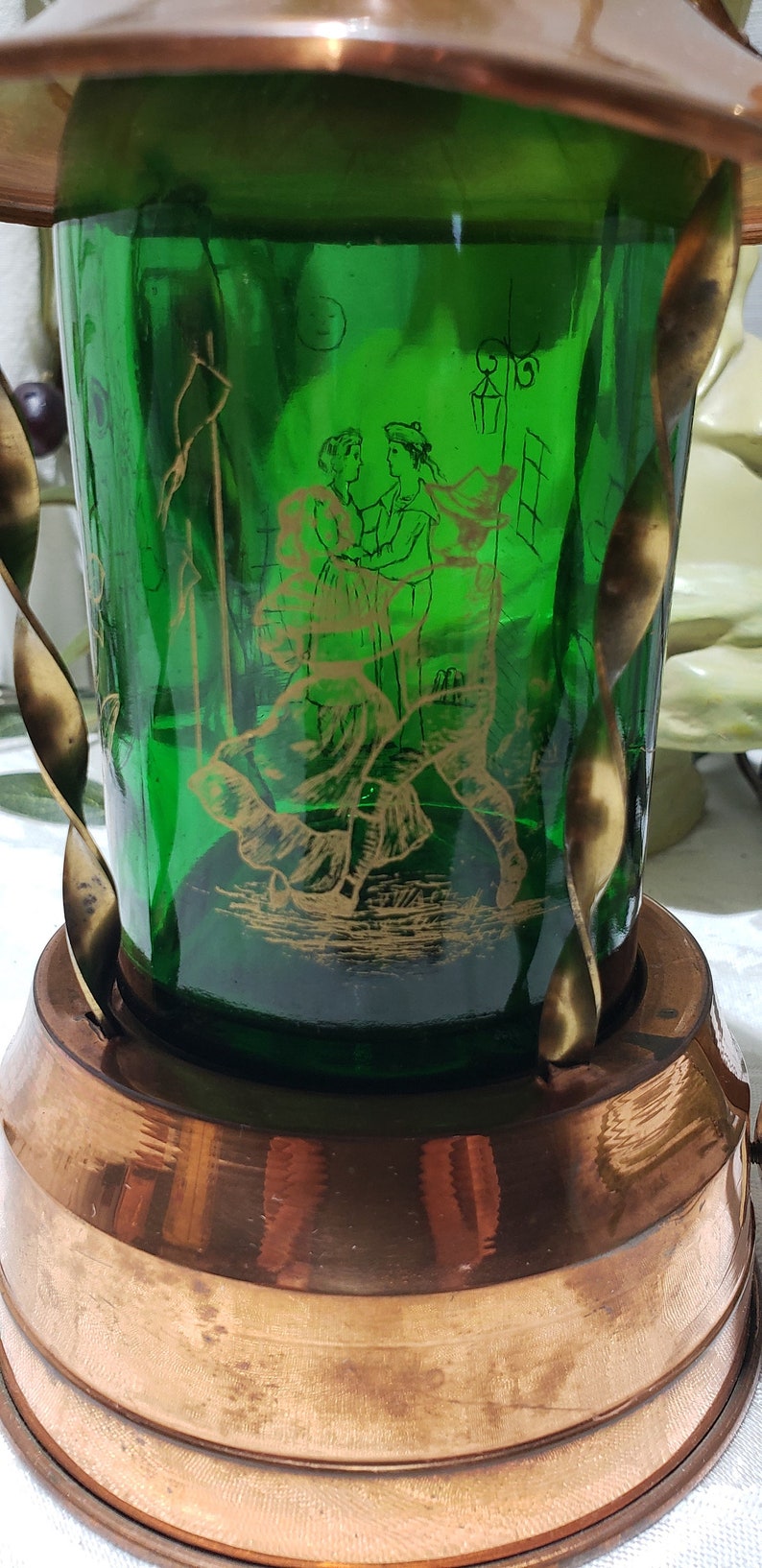 Vintage Musical Liquor Decanter – Copper, Brass, Green Glass Bar Decor ...