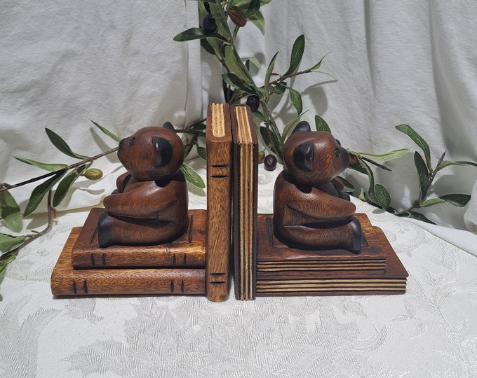 Adorable Vintage Hand Carved Teddy Bear and Antique Books Design Wooden ...