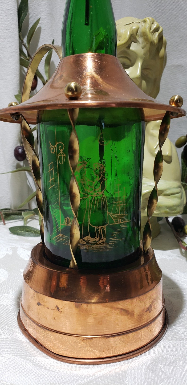 Vintage Musical Liquor Decanter – Copper, Brass, Green Glass Bar Decor ...