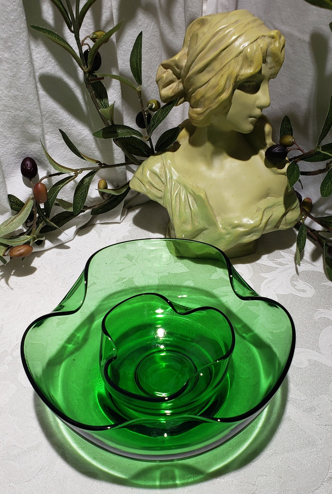 Vintage Anchor Hocking Green Pinch Glass Bowl Set Mid Century - Etsy