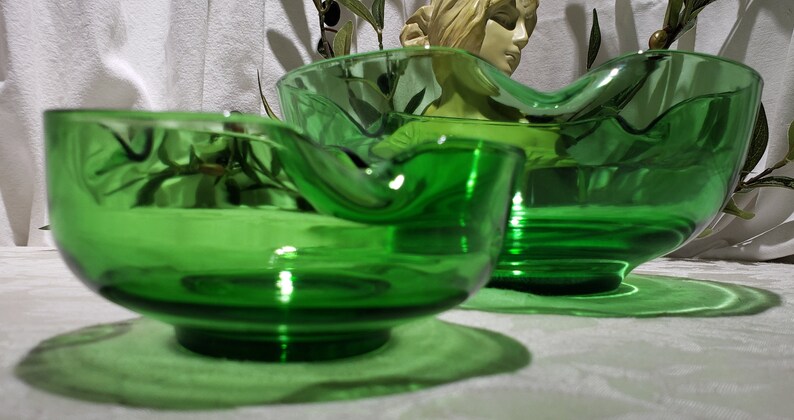 Vintage Anchor Hocking Green Pinch Glass Bowl Set Mid Century - Etsy