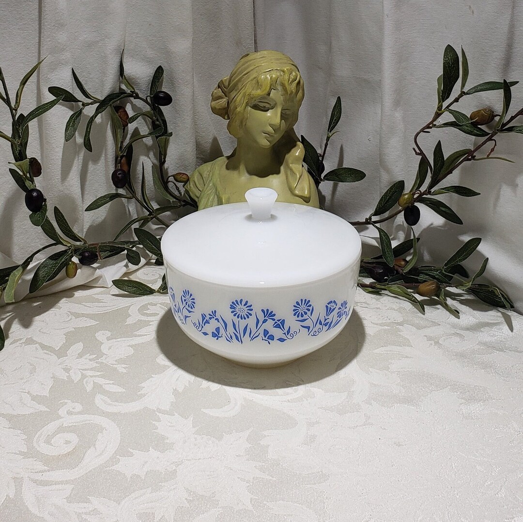 Vintage Marked Heat Proof Federal Glass Milk Glass Blue Floral and ...