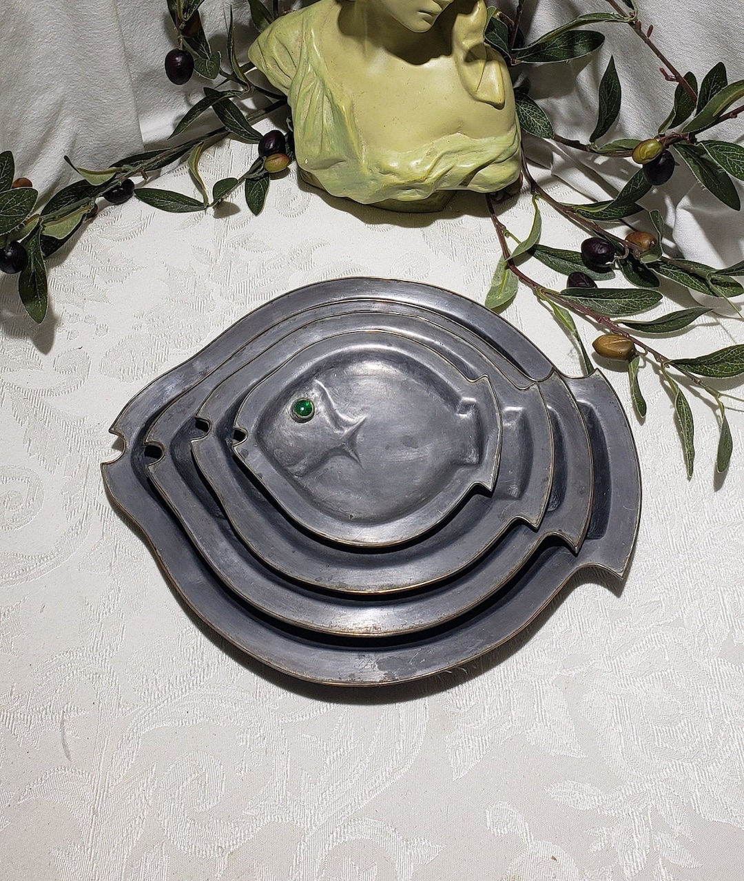 Rare Hard to Find Vintage/antique Set of 4 Green Glass Eye Pewter Fish ...