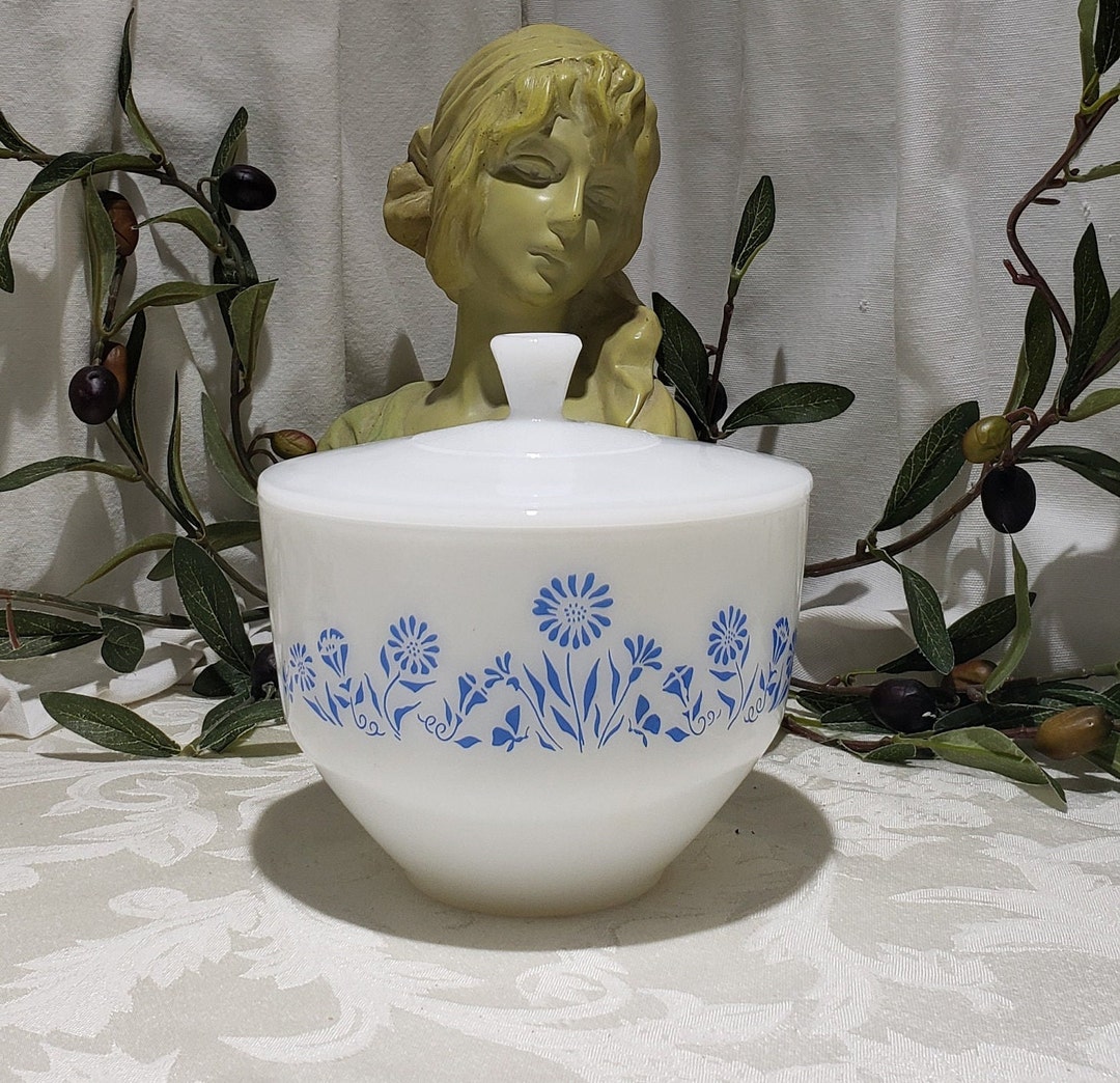 Vintage Marked Heat Proof Federal Glass Milk Glass Blue Floral and ...