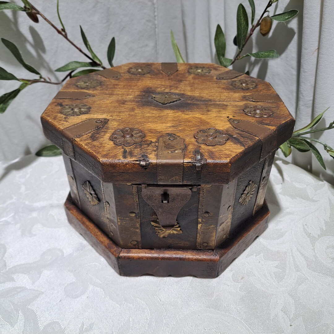 Vintage Octagonal Shaped Wooden Indian Treasure Box With Brass ...