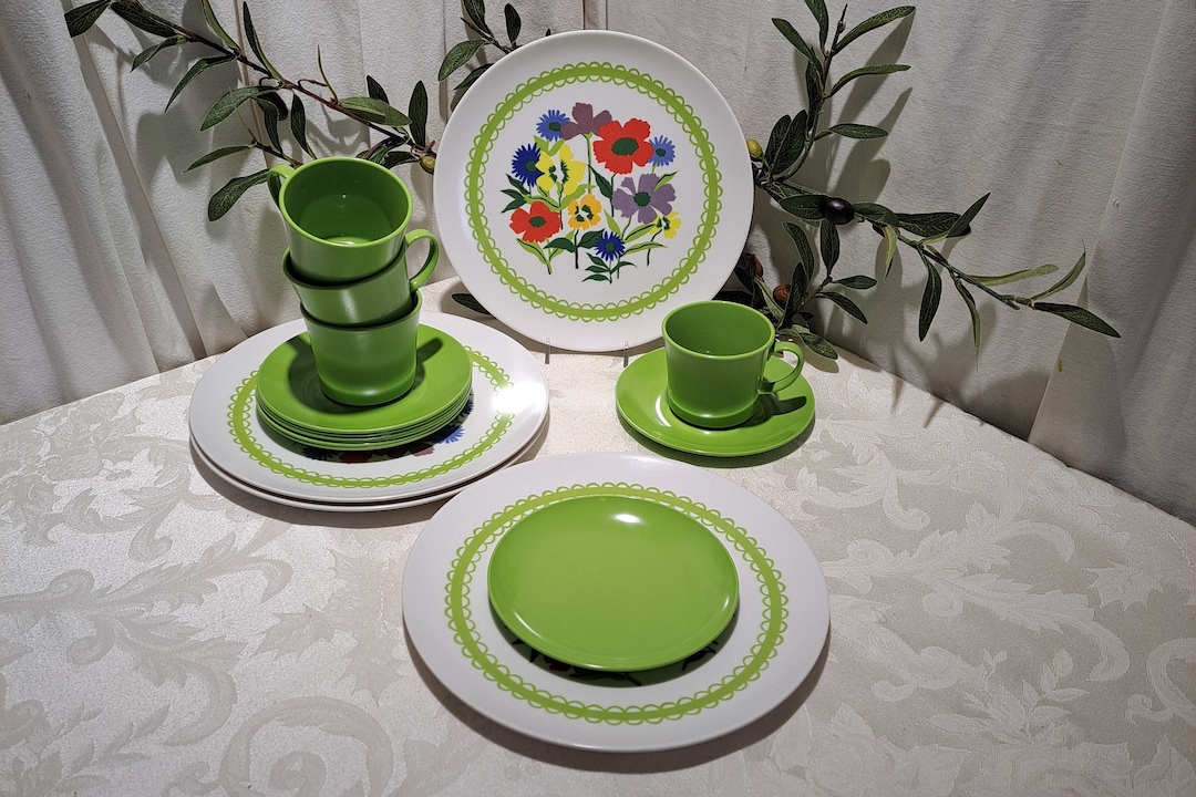 Vintage Set for 4 Texas Ware Retro Floral Design Lime Green Color 16 ...