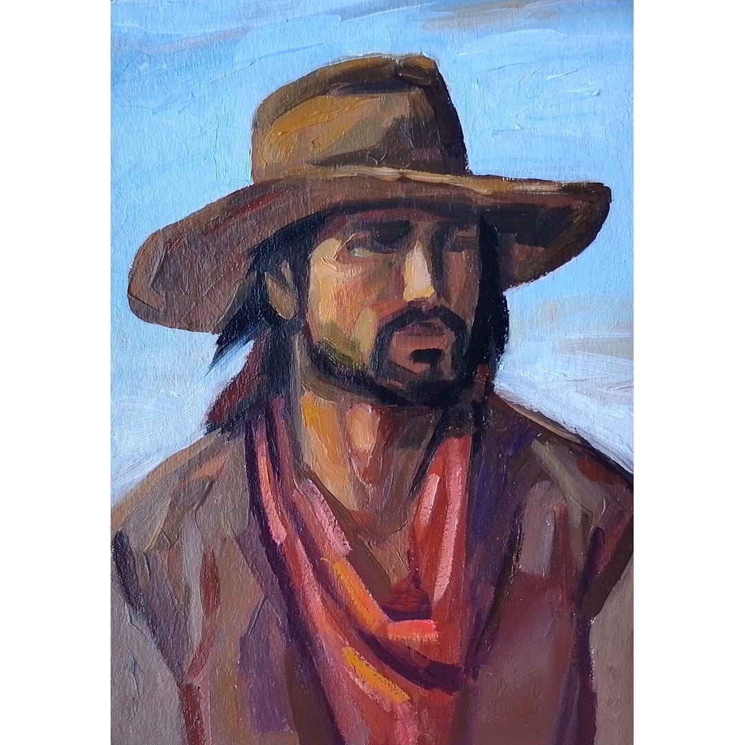 Cowboy Painting Oil Original, Abstract Portrait of Cowboy in Hat, Small ...