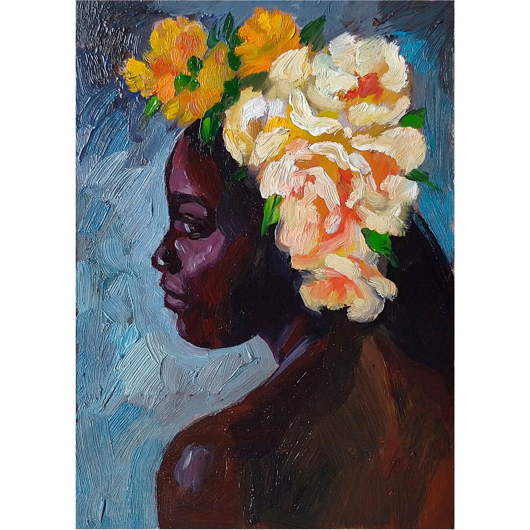 African American Woman Painting Oil Original Black Woman With Flowers in Hair Portrait Girl Wall ...