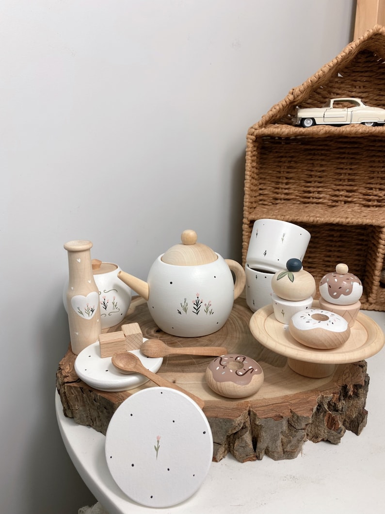 Wooden Tea Set Toy Hand Painted Pretend Play Tea Set Kids Wooden Kids ...