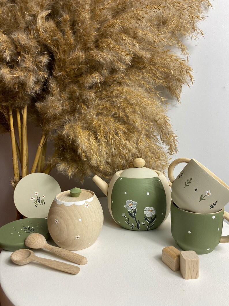 Wooden Tea Set Toy - Hand Painted - Pretend Play - Tea Set Kids ...
