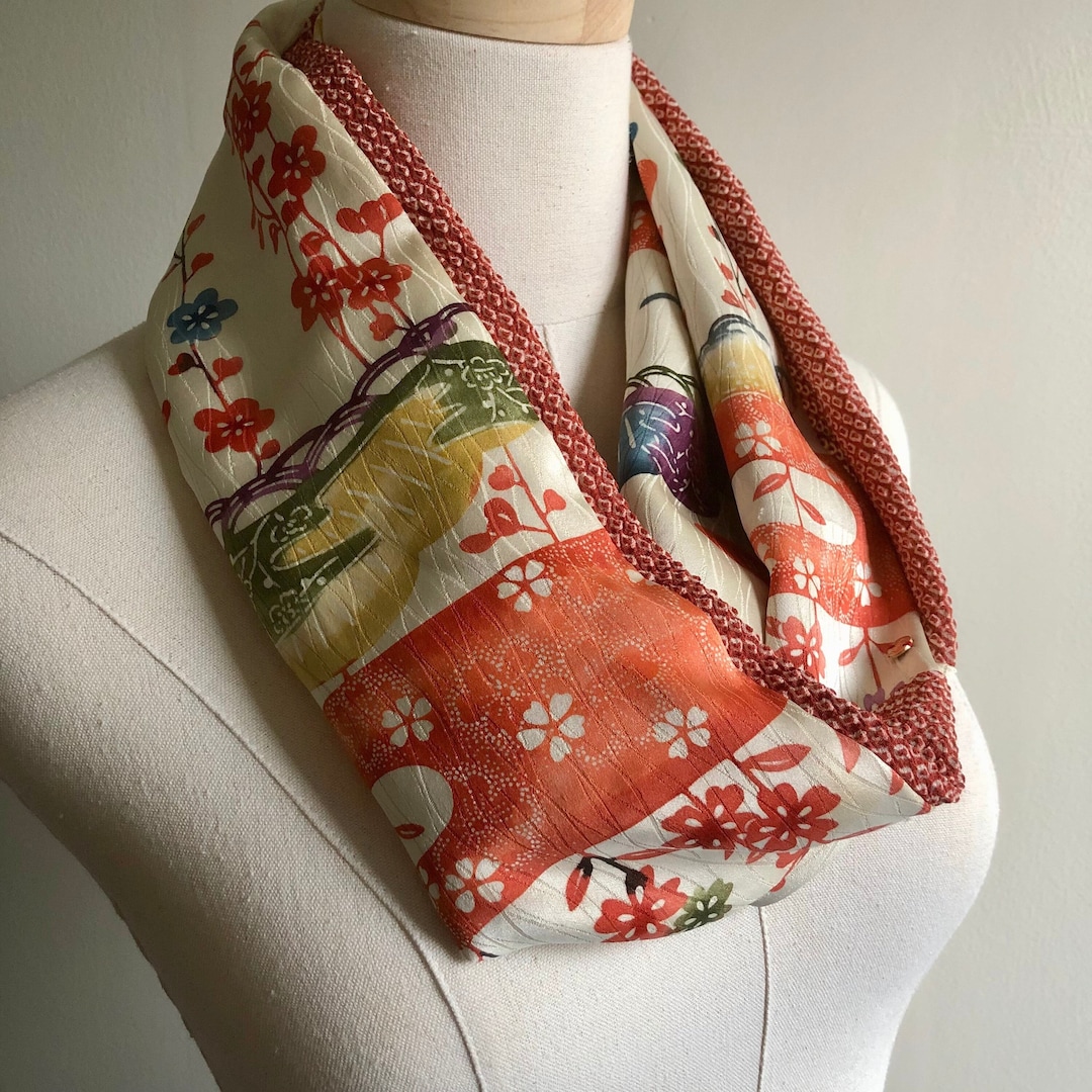 Kimono Silk Scarf Twisted Infinity Scarf Vintage Japanese Silk Gift for ...