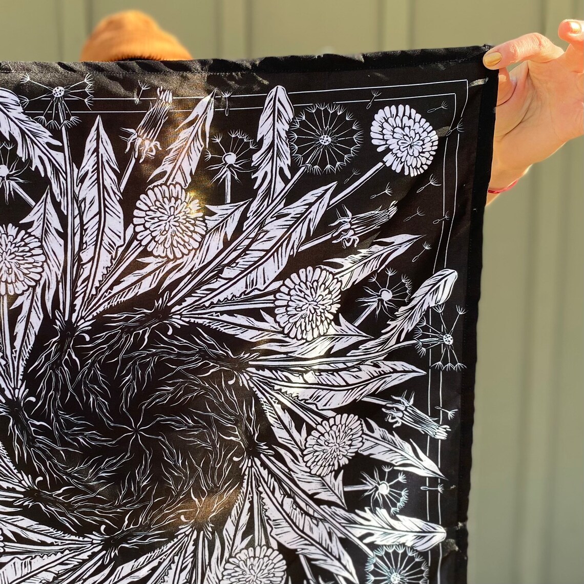 DANDELION SPIRAL 21x21” Bandana - Green Witch / Botanical Kerchief ...