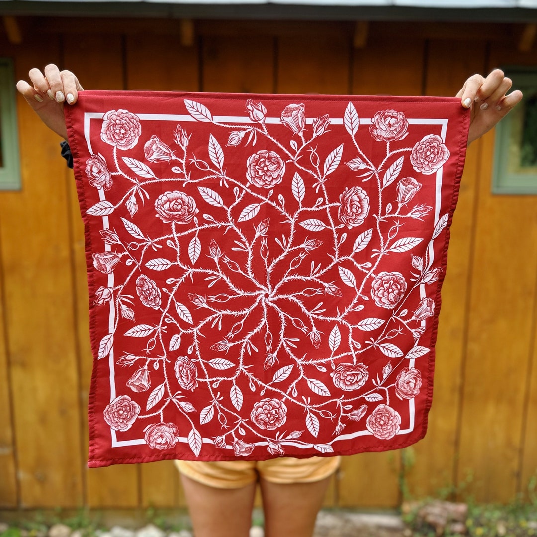 ROSE BRAMBLE - 21x21" Bandana - Red Roses / Unique Floral Illustration ...