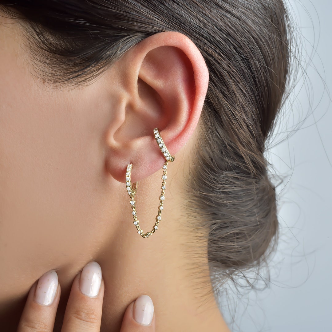 Trendy 14k Gold Conch Hoop Ear Cuff Earring-dangling Chain & Conch Ear ...