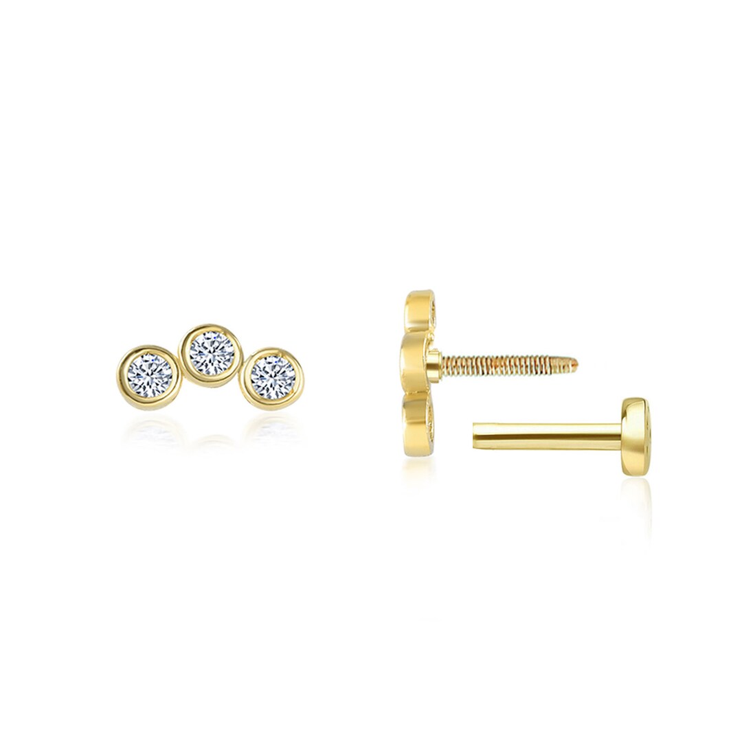 Diamond Cartilage Earring , 14k Solid Gold Piercing , 3 Stone Diamond ...