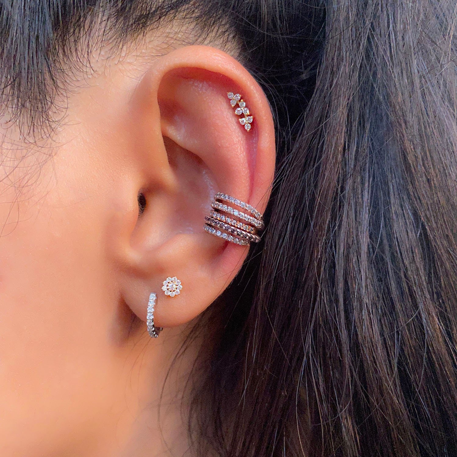 14K Solid Gold Diamond Helix Earring /diamond Cluster - Etsy