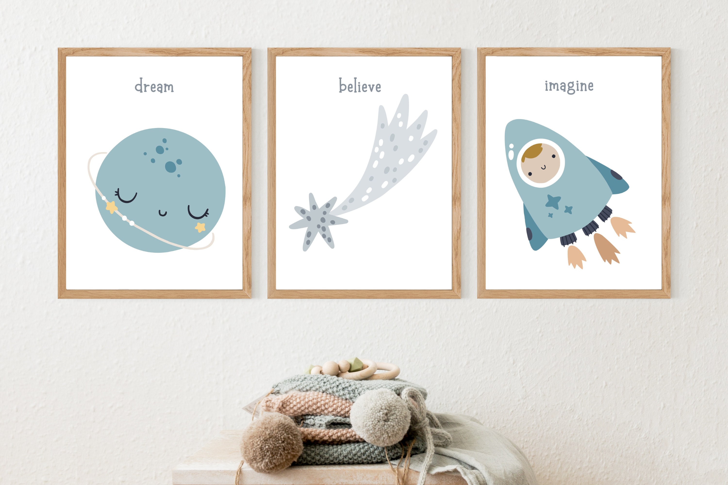 Cute Blue Moon, Star and Rocket Wall Art, Set of 3 Inspirational Sky ...
