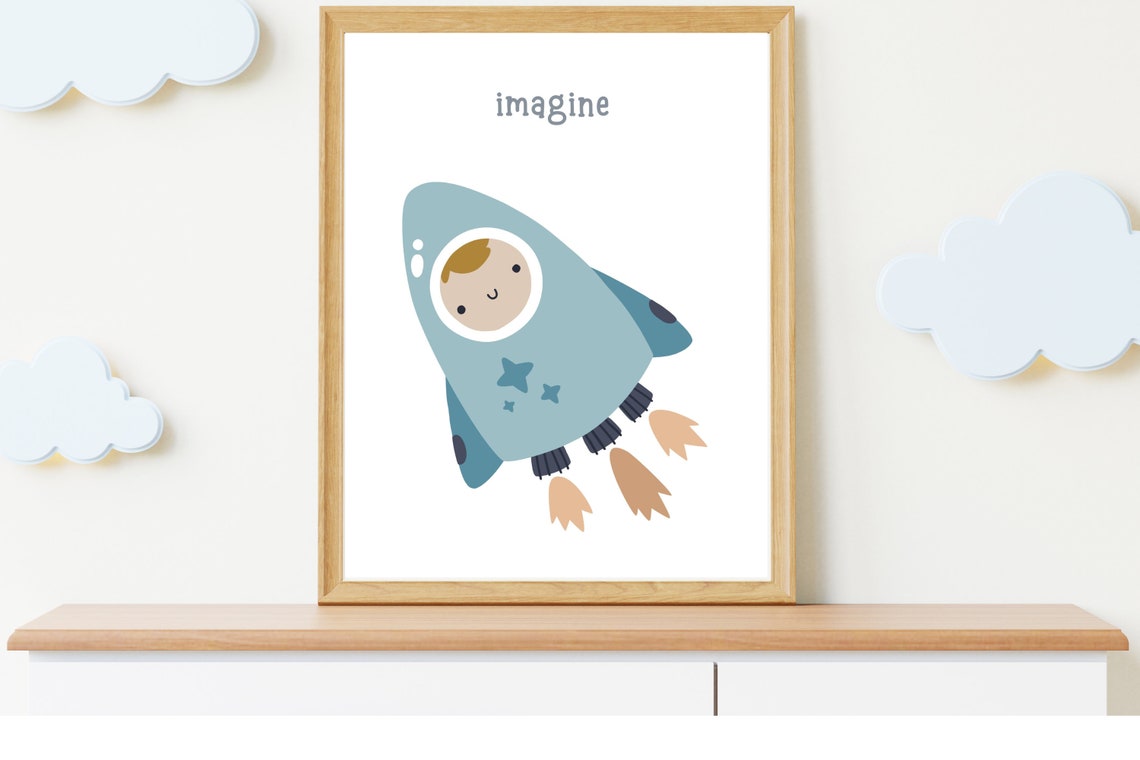 Cute Blue Moon, Star and Rocket Wall Art, Set of 3 Inspirational Sky ...
