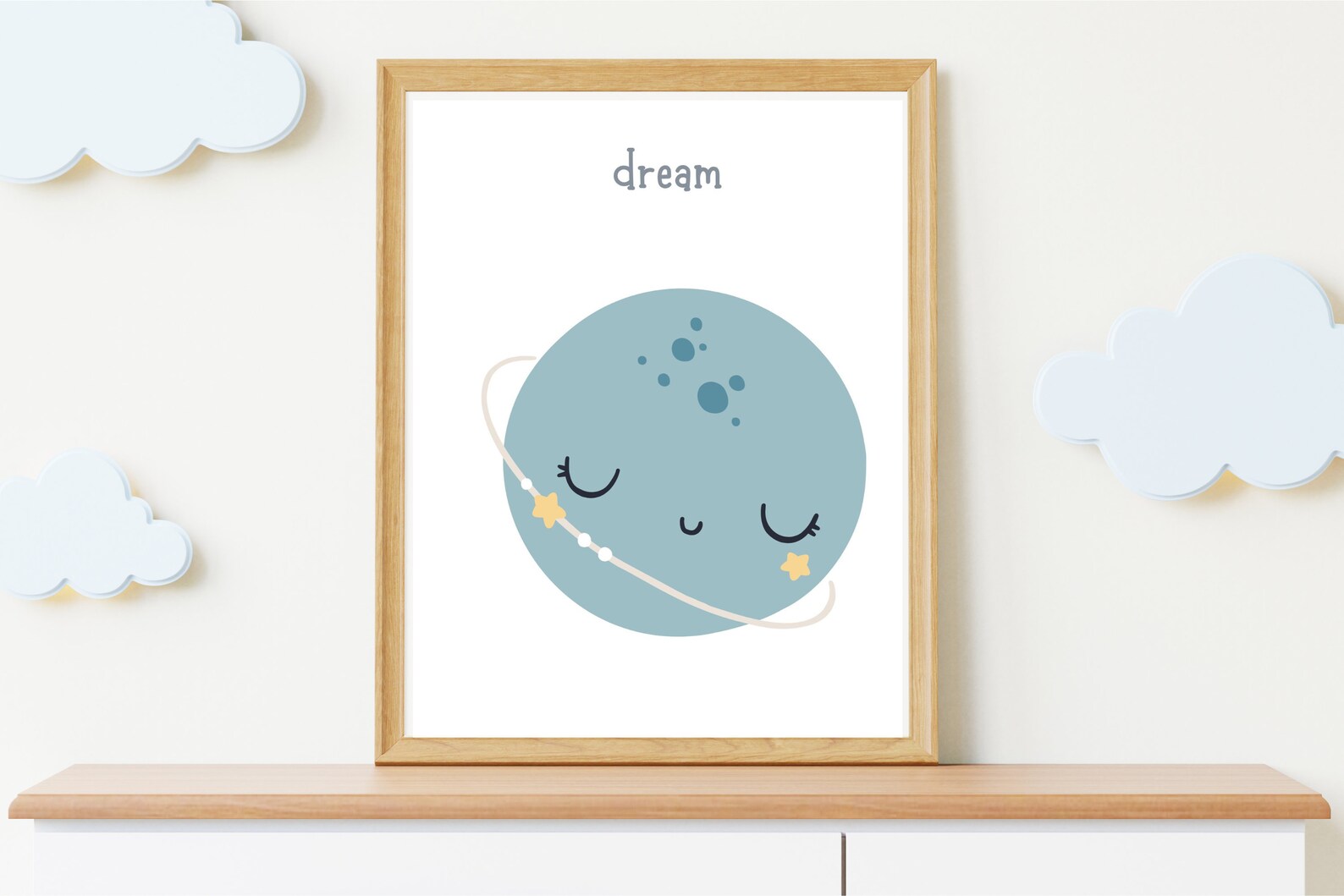 Cute Blue Moon, Star and Rocket Wall Art, Set of 3 Inspirational Sky ...