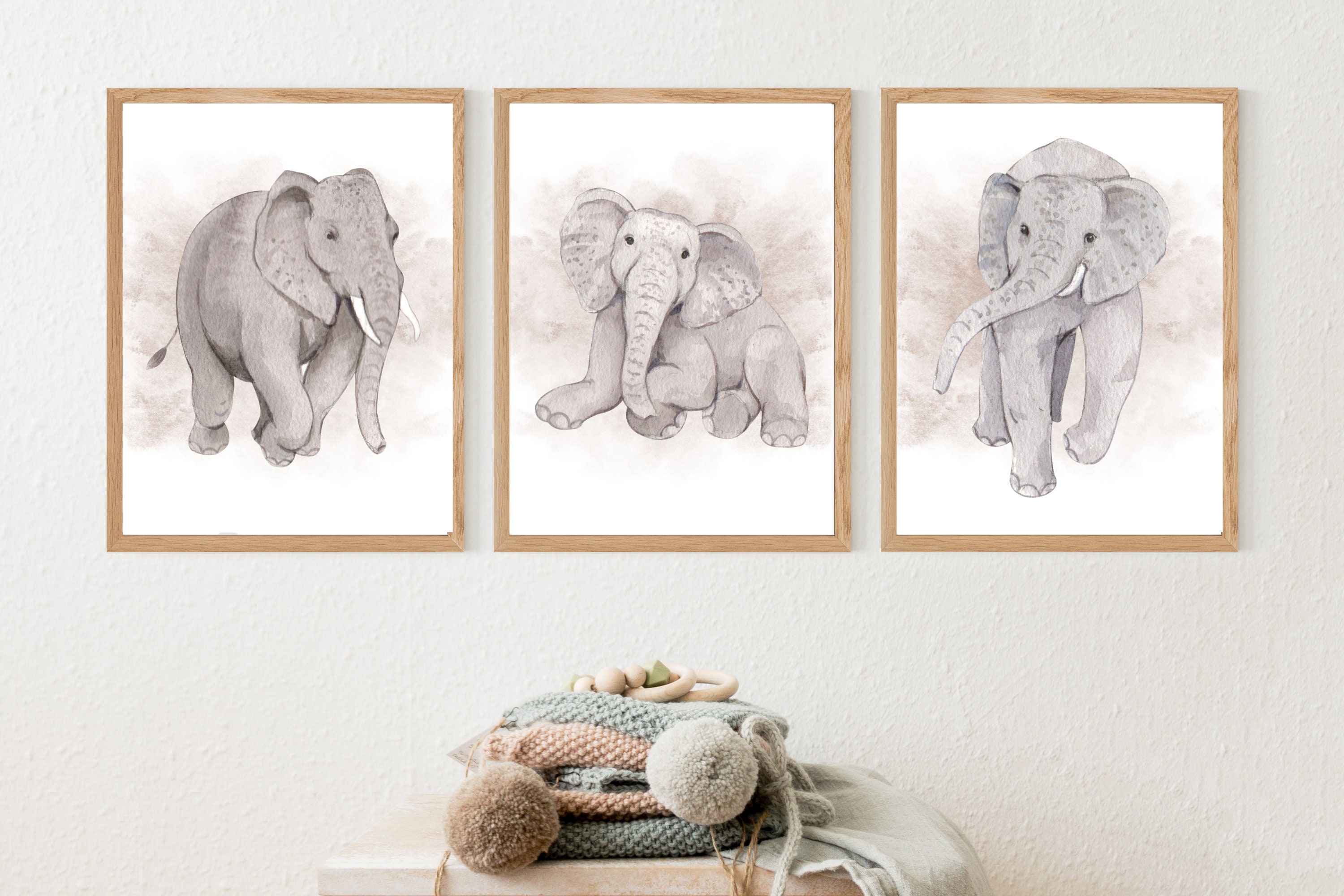 Safari Elephant Prints, Set of 3 Watercolor Elephant Prints, Wall Art ...