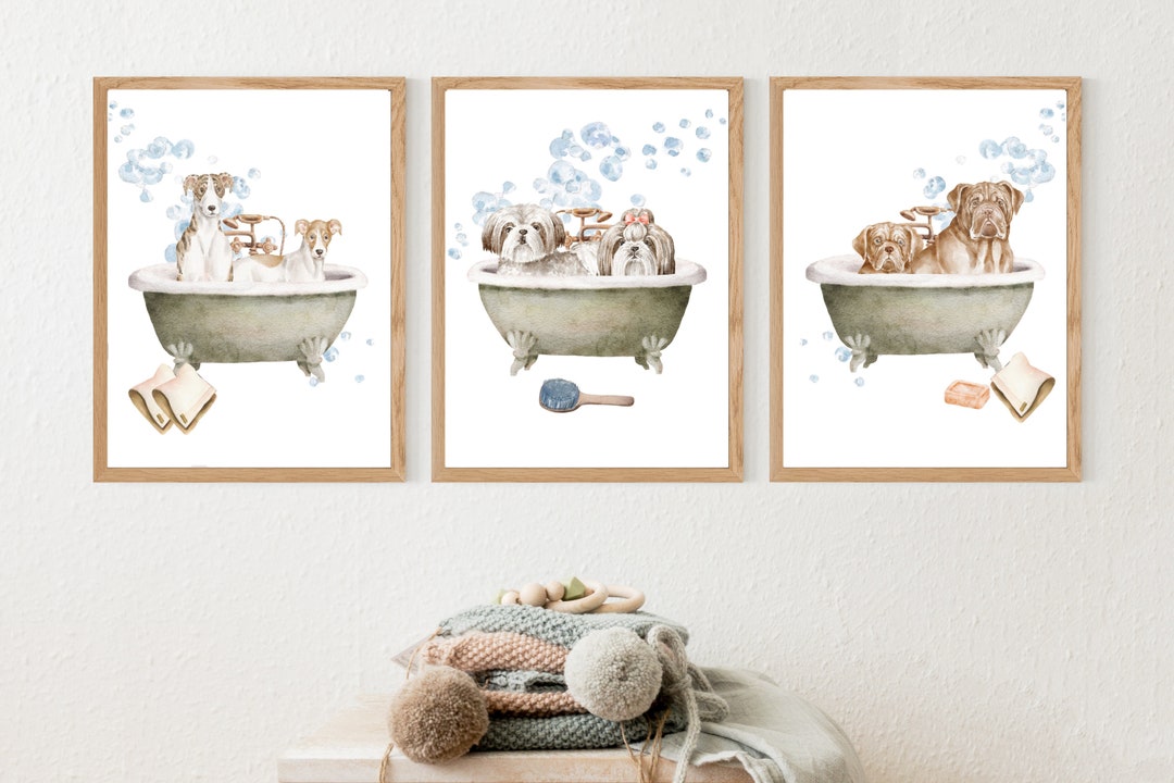 Bath Time Dogs & Puppies Watercolor Prints, Cute Neutral Color Prints ...