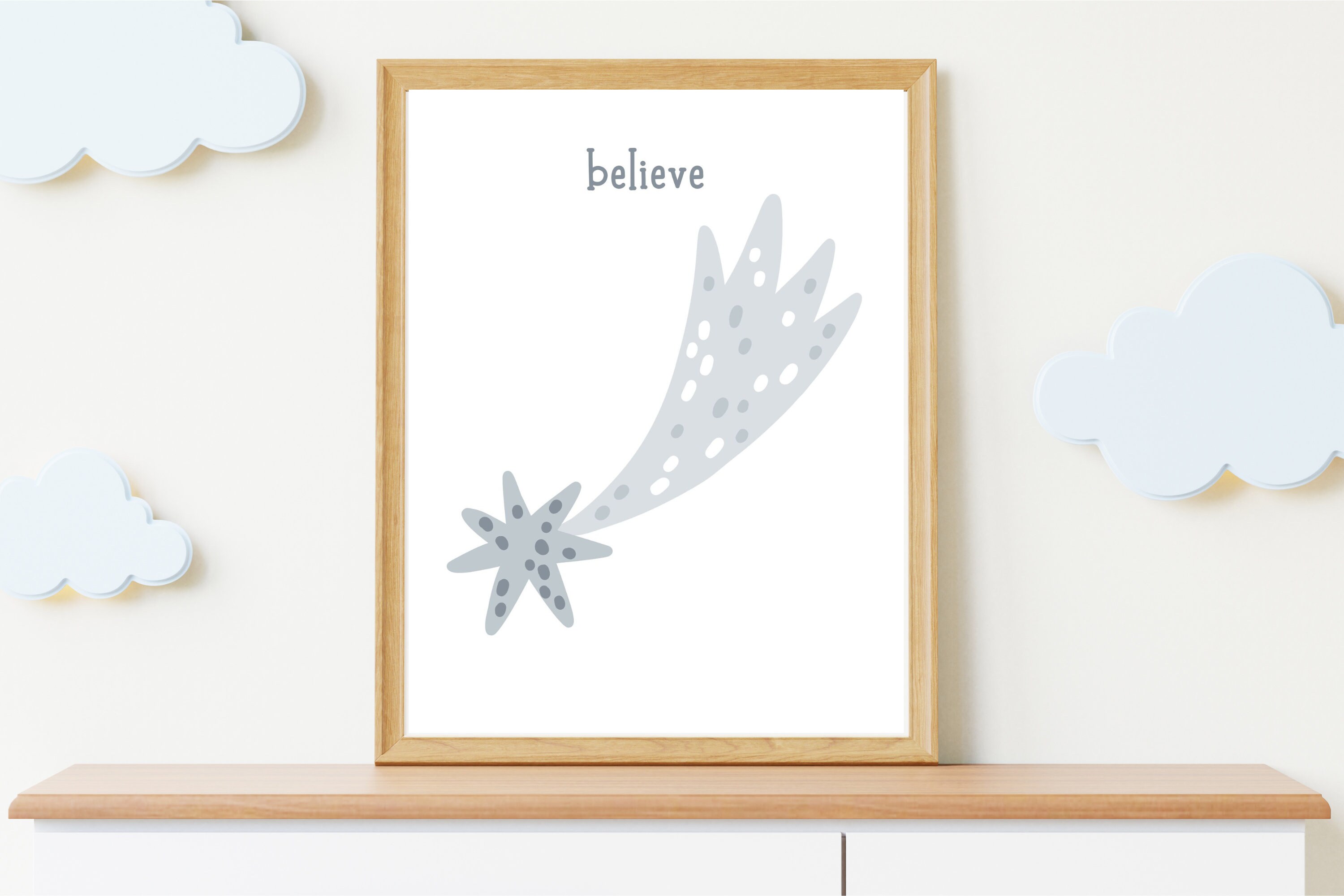 Cute Blue Moon, Star and Rocket Wall Art, Set of 3 Inspirational Sky Wall Art, Kids' Room Wall ...