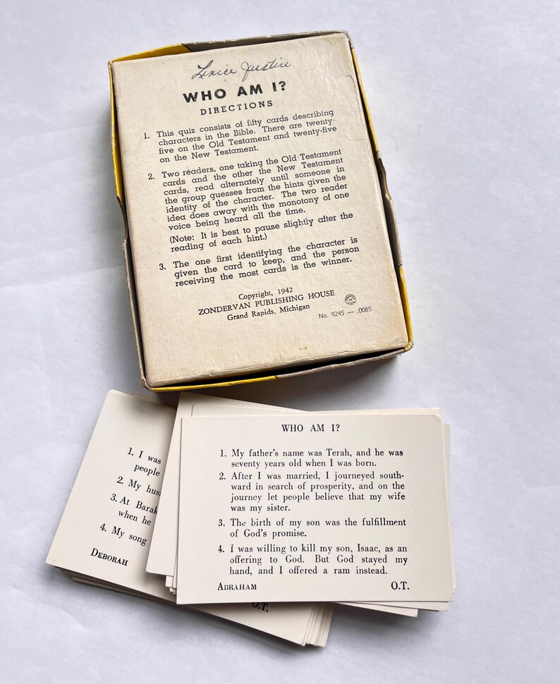 Vintage "who Am I?" Card Game: 1942 Zondervan Bible Character Game to ...