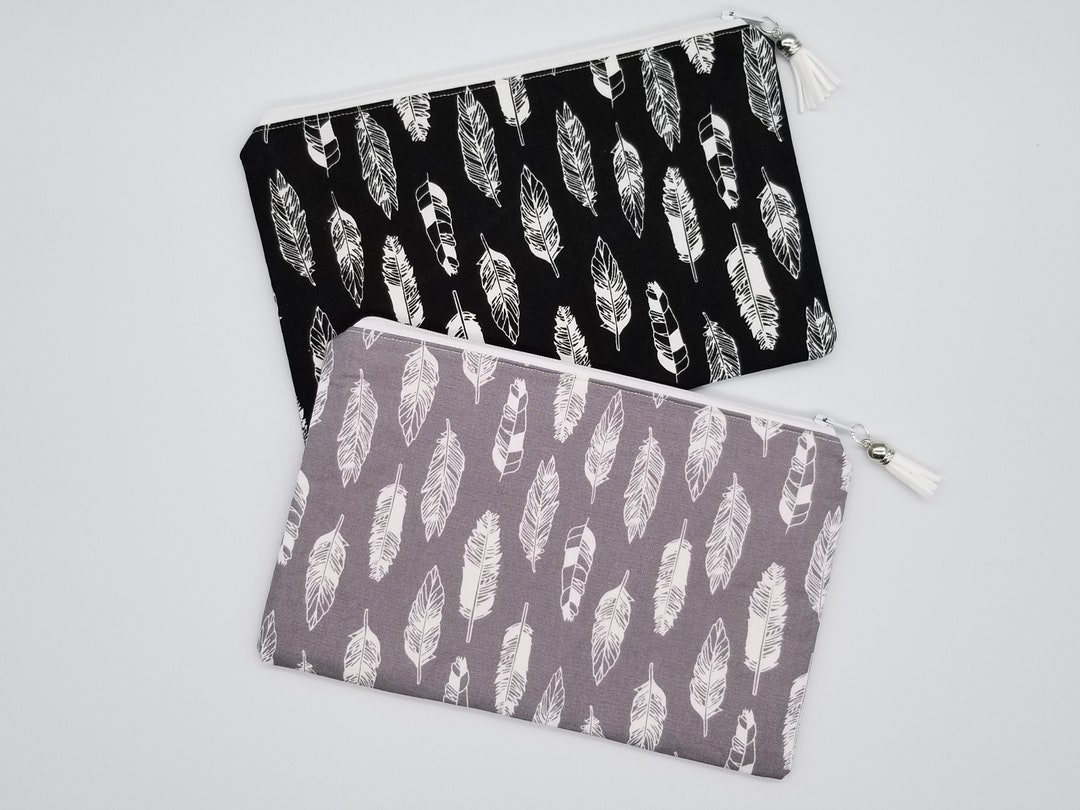 Cosmetic Zipper Bag, Bird Feather Black and Gray Pouch, Fabric Zipper ...