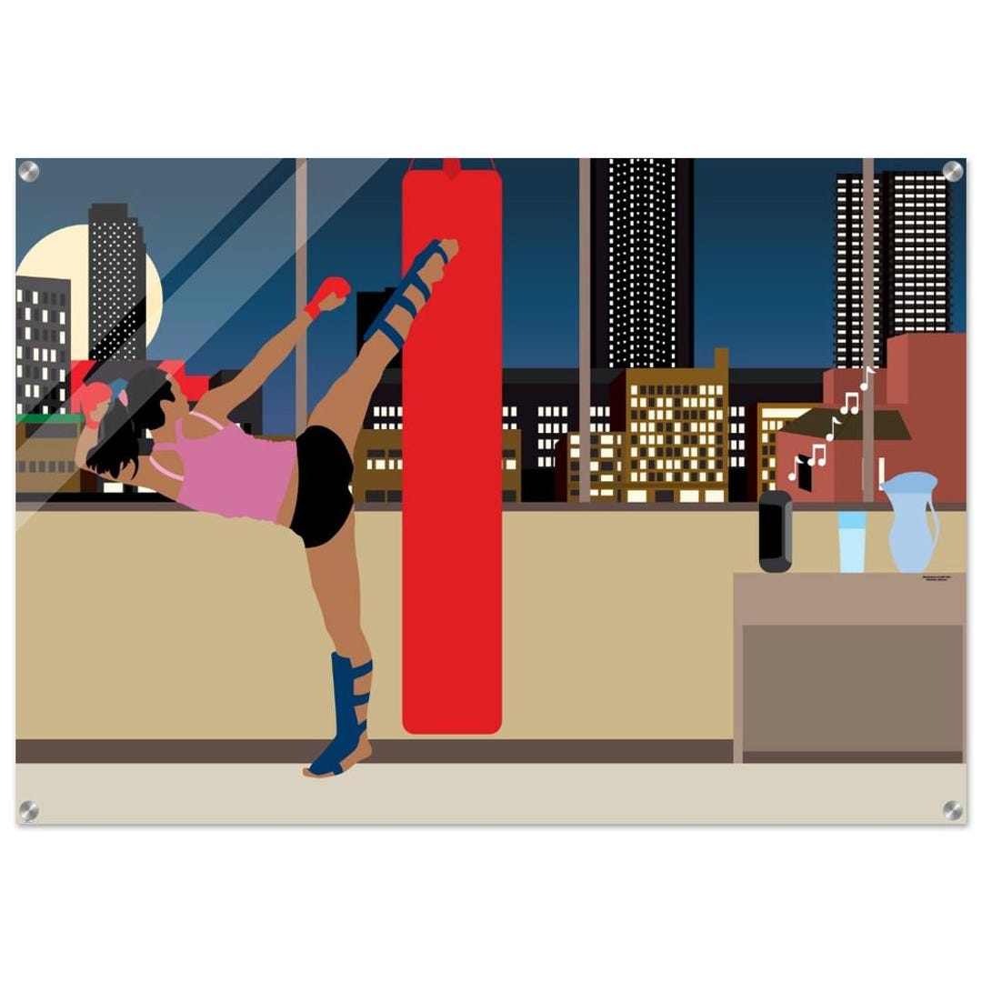 Female Kickboxing Training at Night. Martial Arts is Life - Acrylic ...