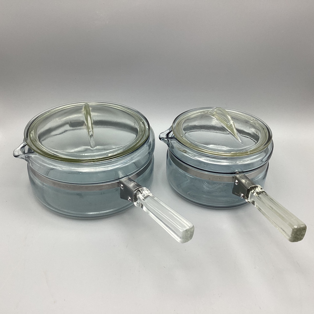 Vintage Pyrex Flameware Blue-tint Glass Sauce Pan Set * 1-1/2 and 1 ...