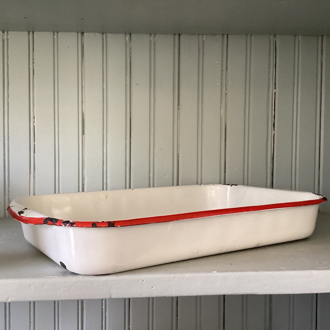 Vintage Enamelware Pan * Red Trim * Rectangular Tray - Etsy