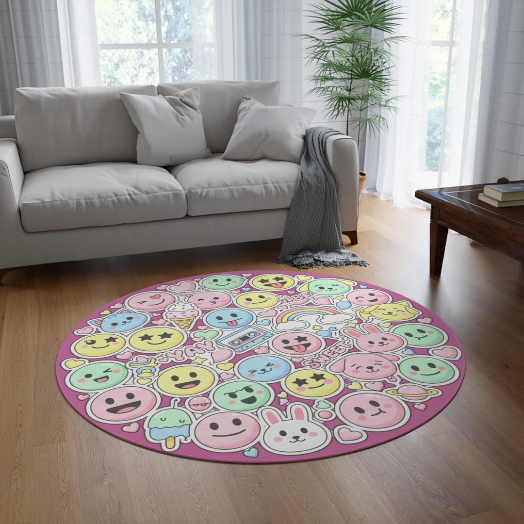 Kawaii Emoji Pattern Round Rug | Pastel Smile Faces, Hearts, Rainbows ...