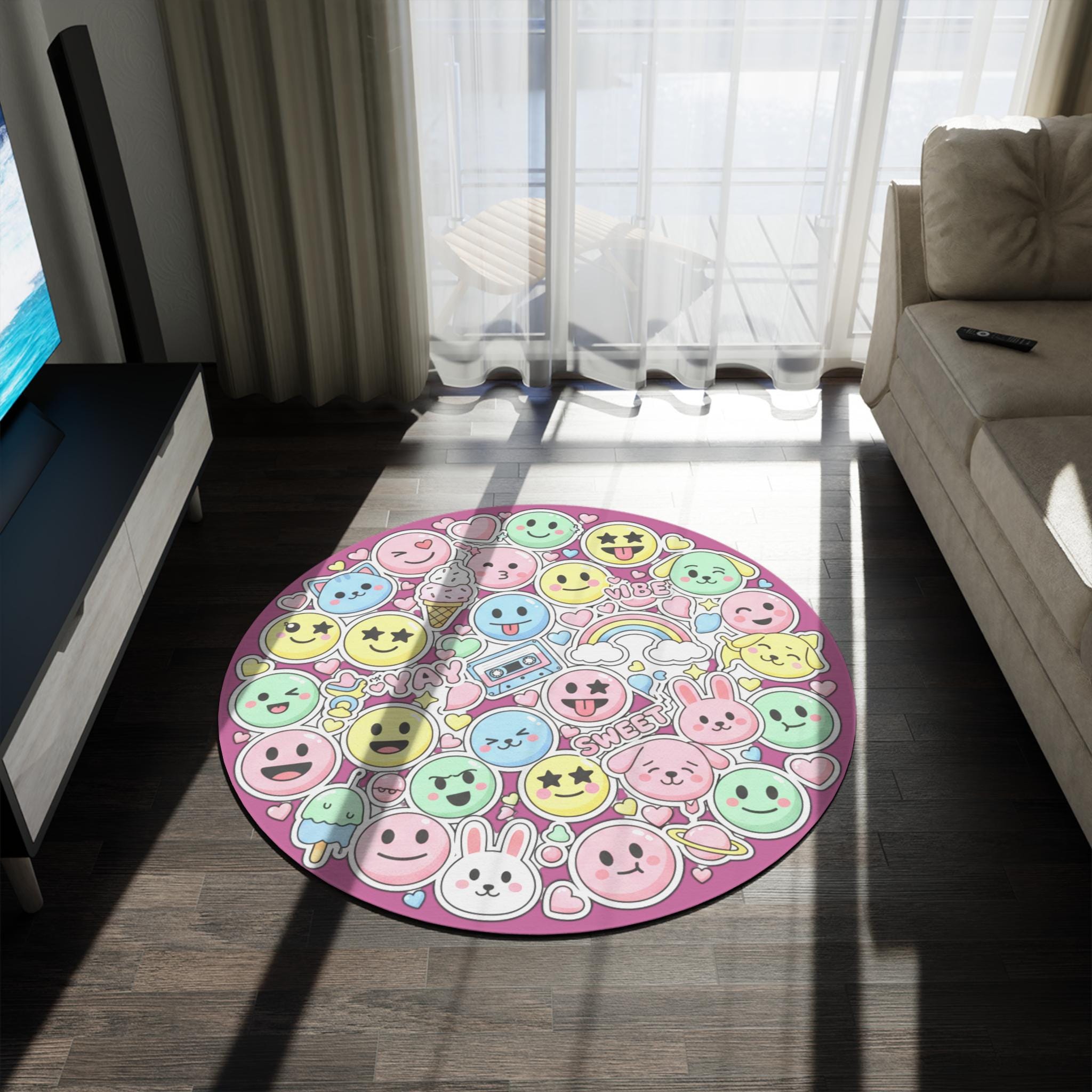 Kawaii Emoji Pattern Round Rug | Pastel Smile Faces, Hearts, Rainbows ...