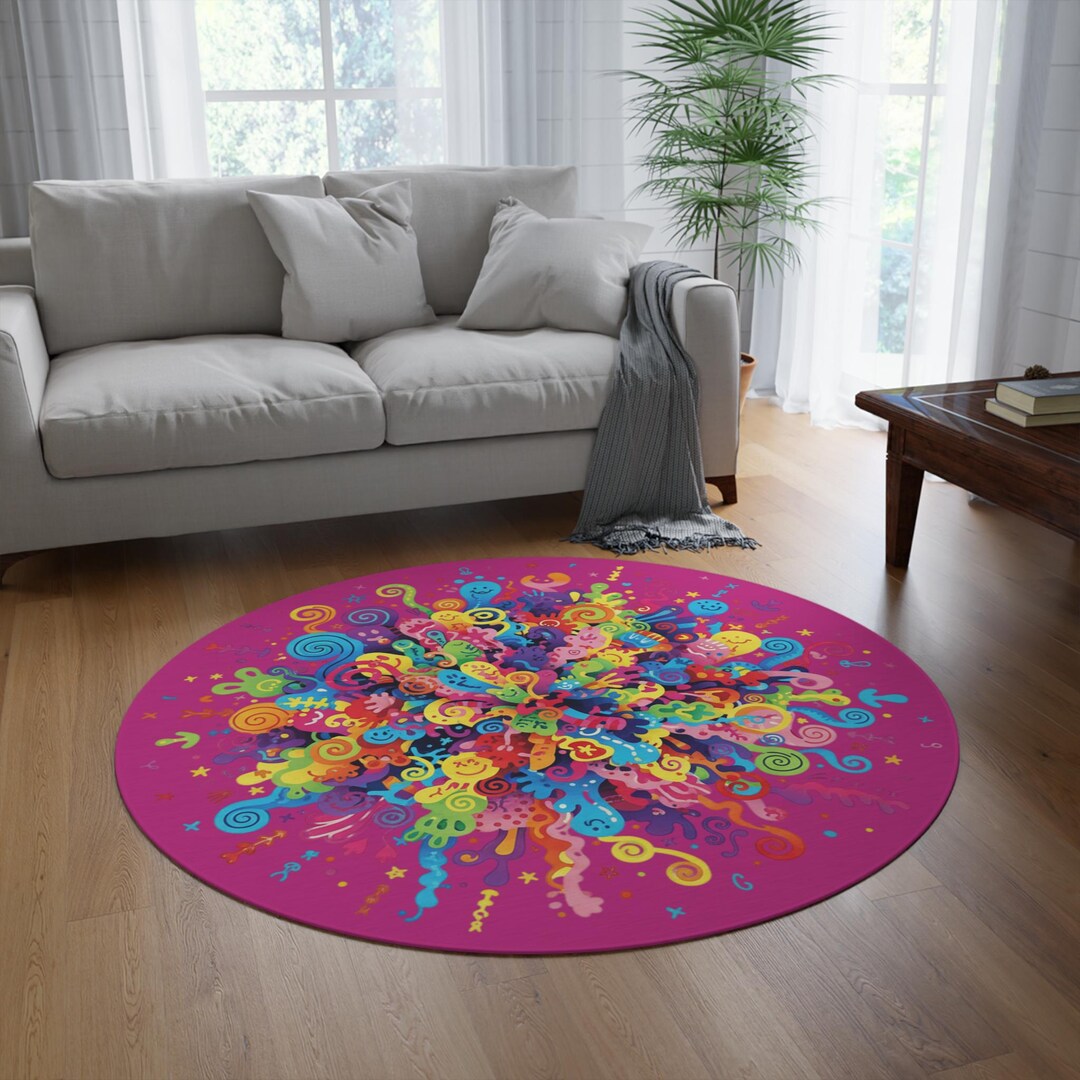 Colorful Abstract Burst Round Rug | Whimsical Floral Explosion Carpet ...