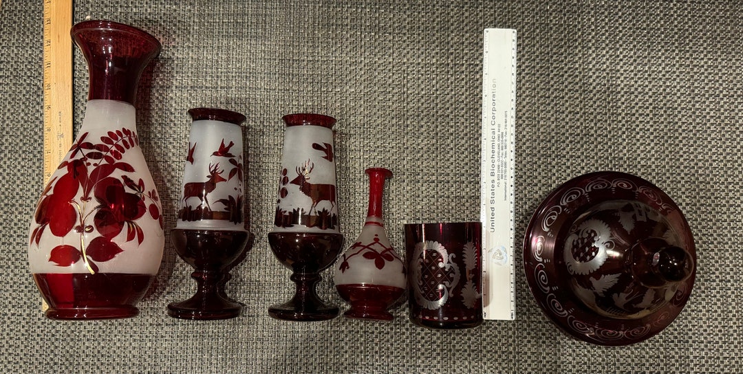 Beautiful Vintage Egermann Crystal Collection: 5 Ruby Red Etched Pieces ...