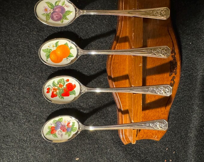 Vintage Set of 4 Avon Stainless Steel Enamel Fruit Spoons W/ Wood Wall ...